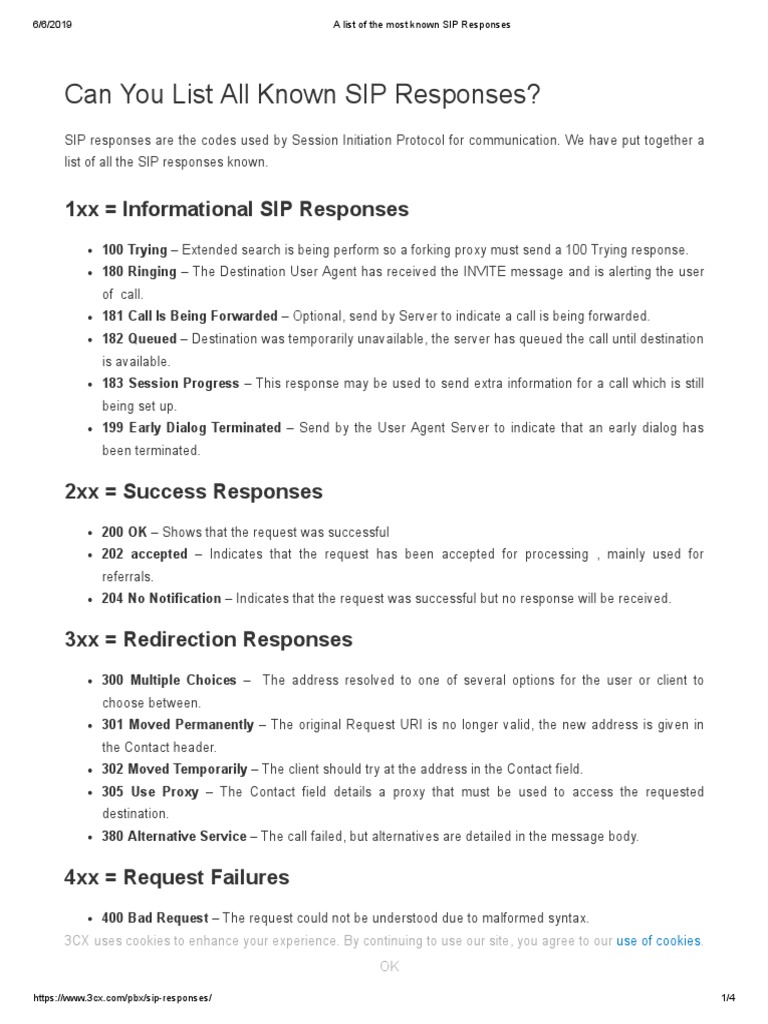 SIP Response Codes Guide | PDF | Session Initiation Protocol ...