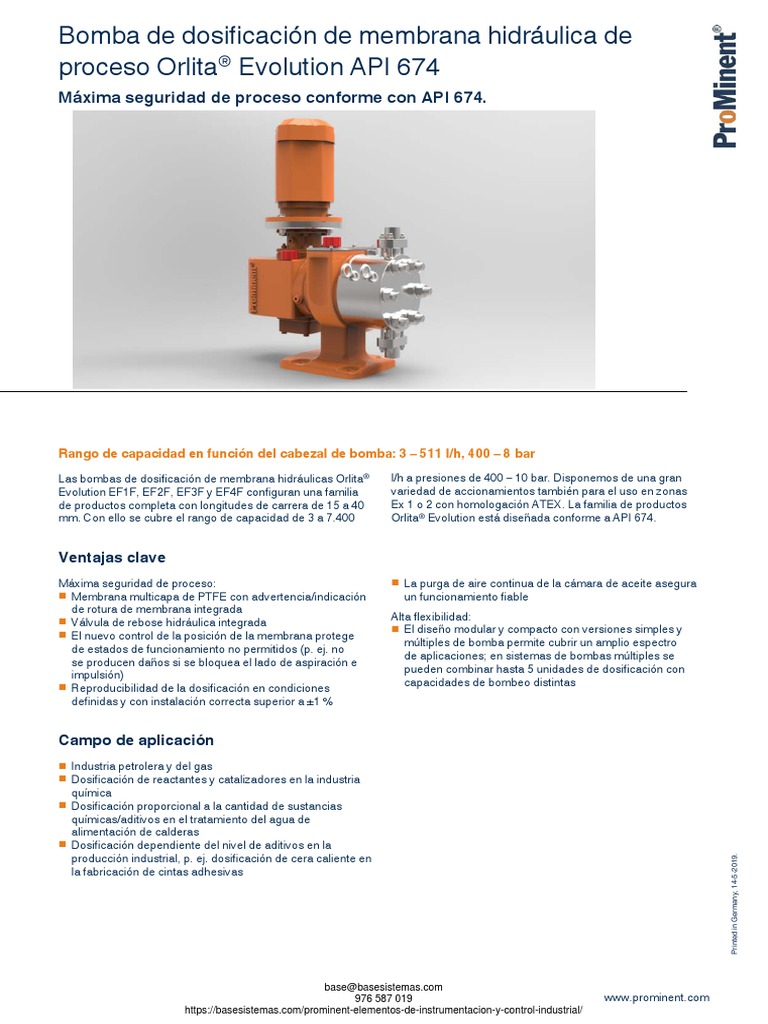 Bomba Dosificadora Prominent API 674 | PDF | Bomba | Química