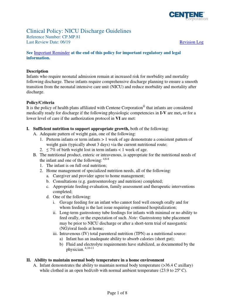 Nicu Discharge Guidelines | PDF | Neonatal Intensive Care Unit ...