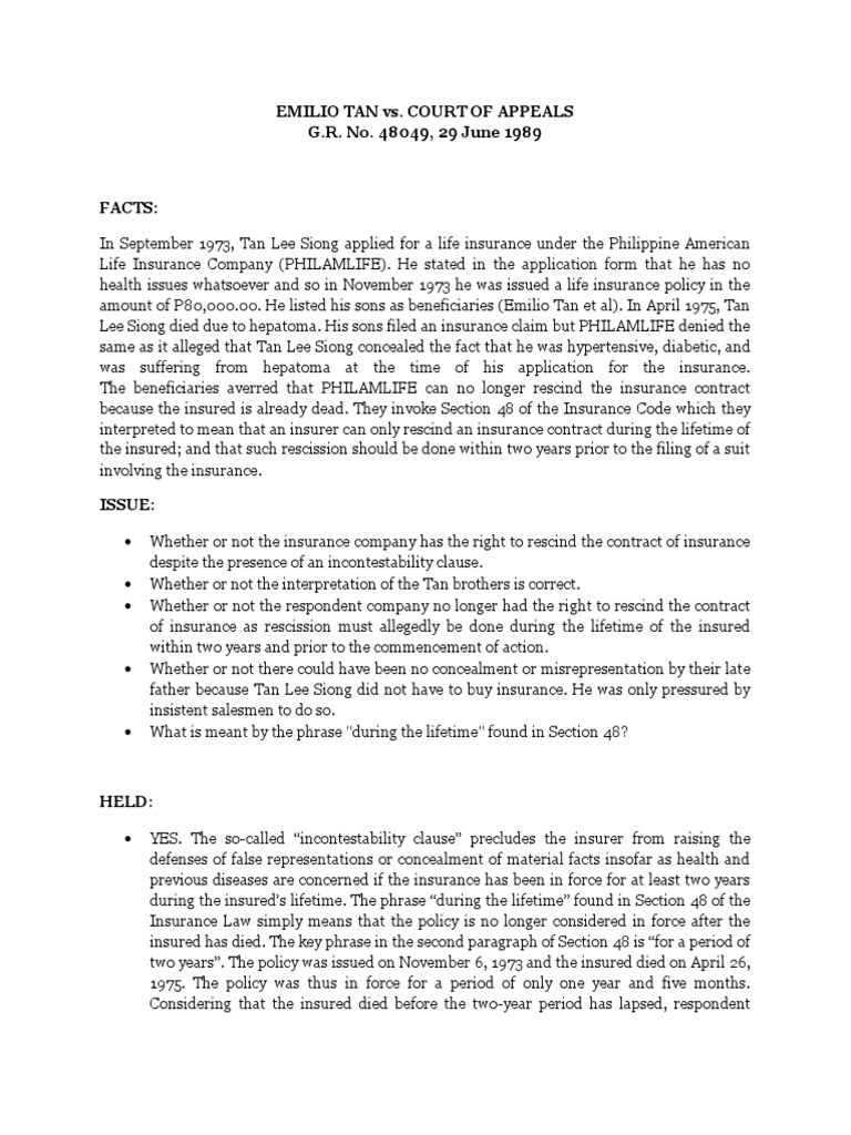 Case Digests | PDF | Life Insurance | Misrepresentation