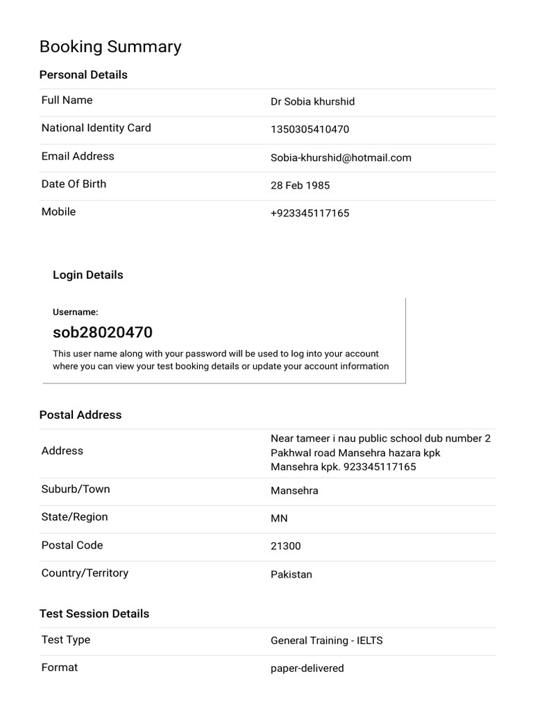 Booking Summary: Personal Details | PDF