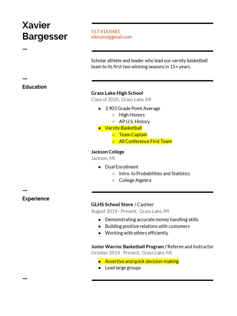 Xavier Bargesser: Education Grass Lake High School | PDF