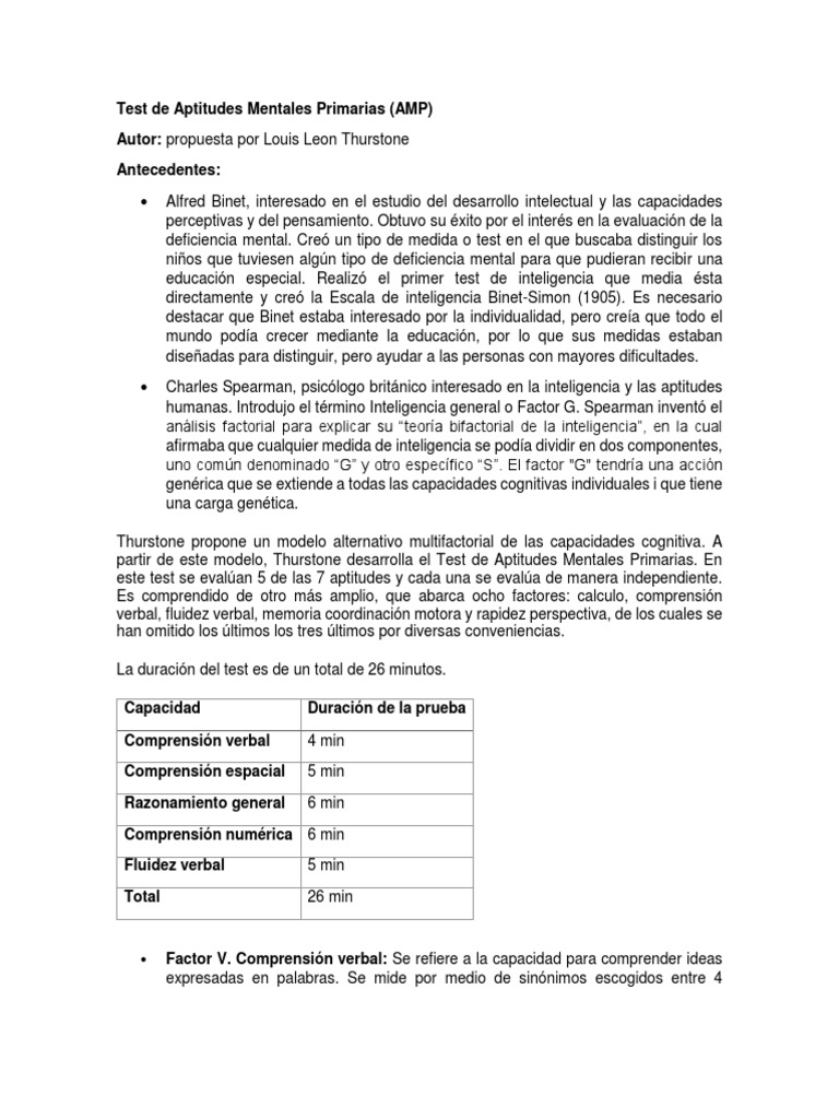 Análisis del Test de Aptitudes Mentales Primarias (AMP) propuesto por ...