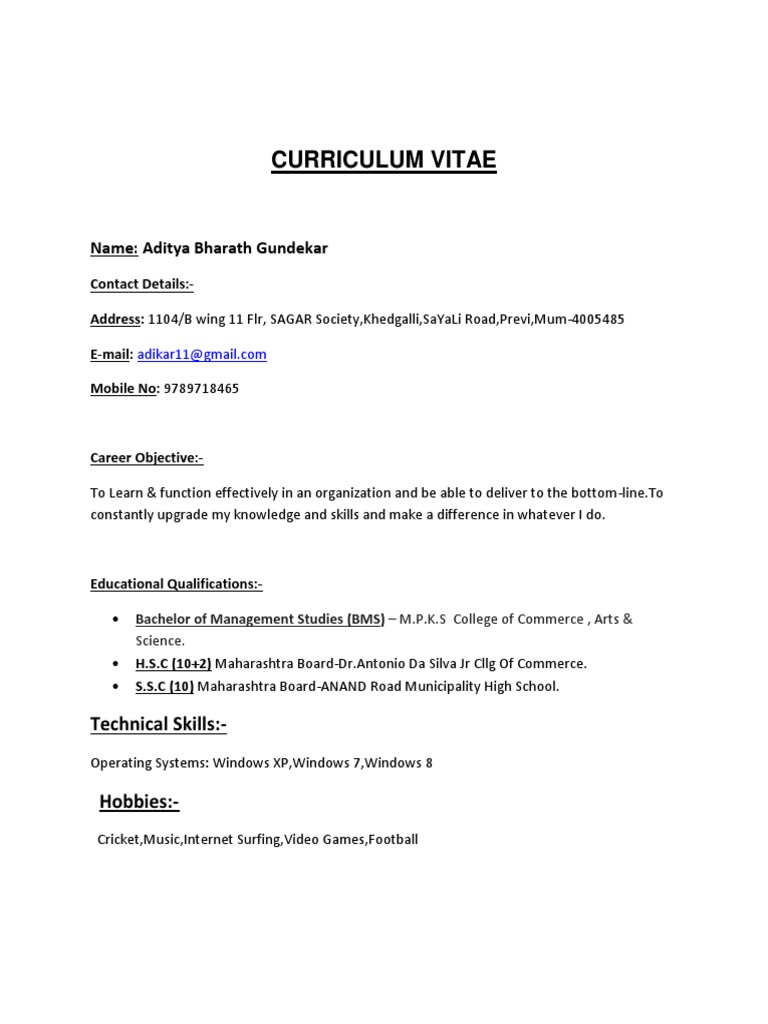 Curriculum Vitae: Name: Aditya Bharath Gundekar | PDF