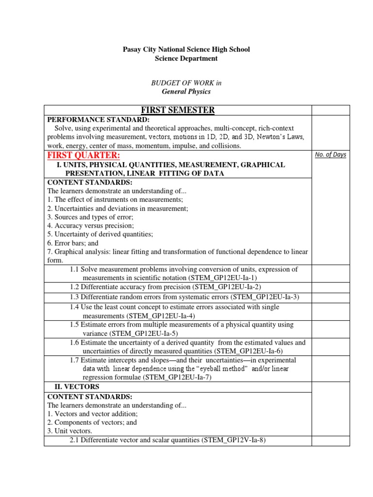General Physics 1 - Budget of Work | PDF | Acceleration | Force