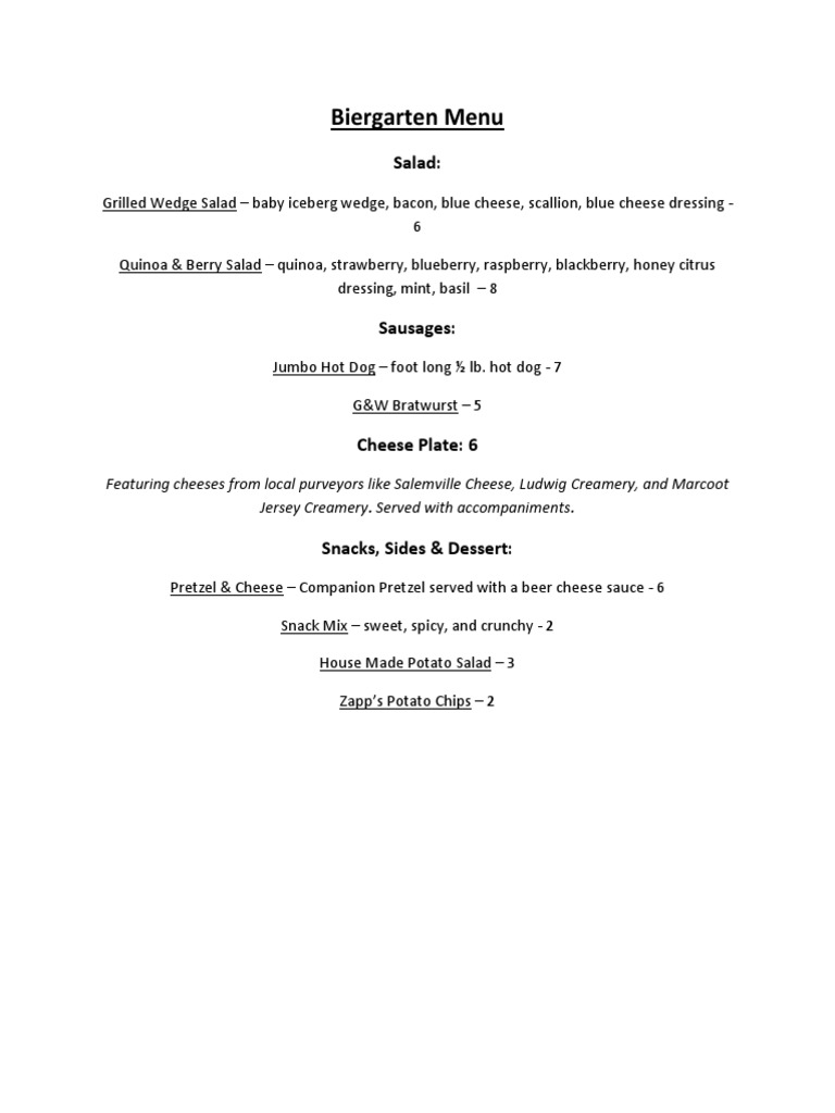 Biergarten Menu | PDF | Cooking, Food & Wine
