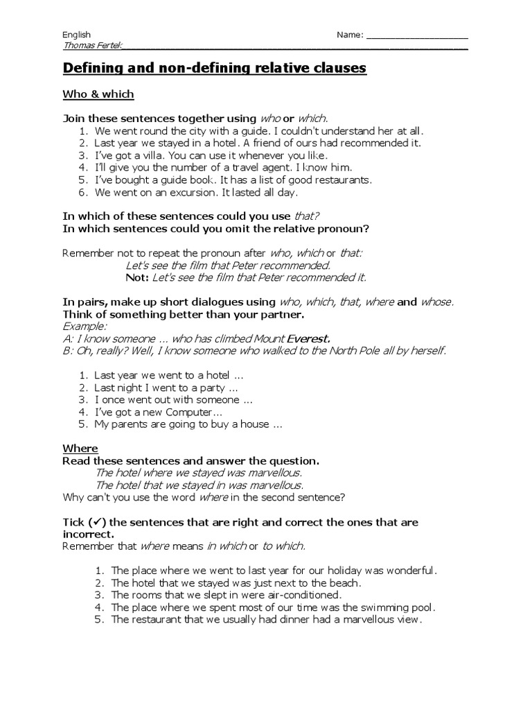 Defining and Non-Defining Relative Clauses T&E | PDF | Object (Grammar ...