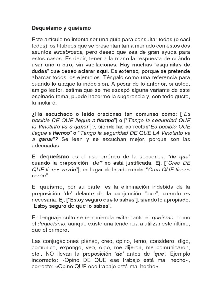 Dequeísmo y queísmo: Uso correcto en español | PDF | Adverbio | Onomástica