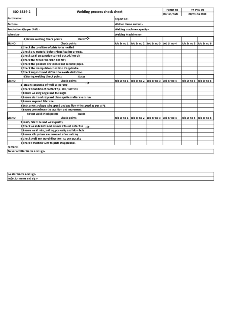 ISO 3834-2 Welding Process Check Sheet | PDF | Electric Heating | Welding