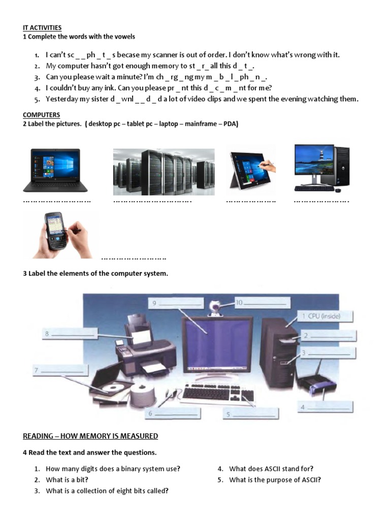 It Activities 1 Complete The Words With The Vowels: 3 Label The ...