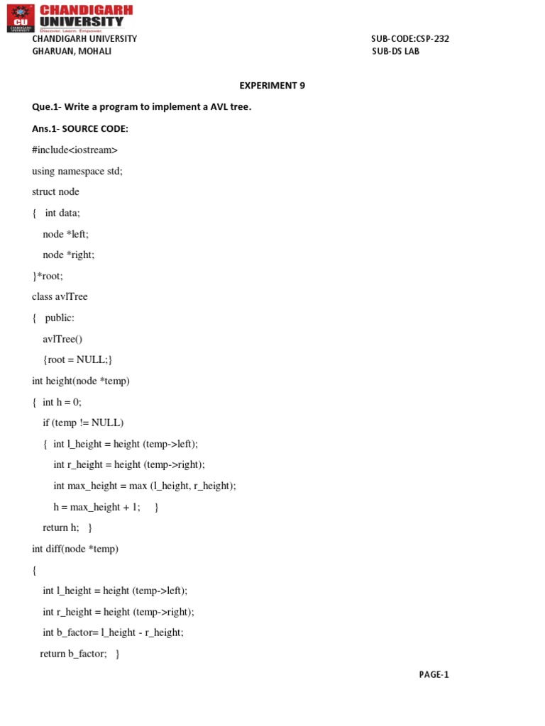 Experiment 9 Que1 Write A Program To Implement A Avl Tree Ans1 Source Code Pdf Software 3301