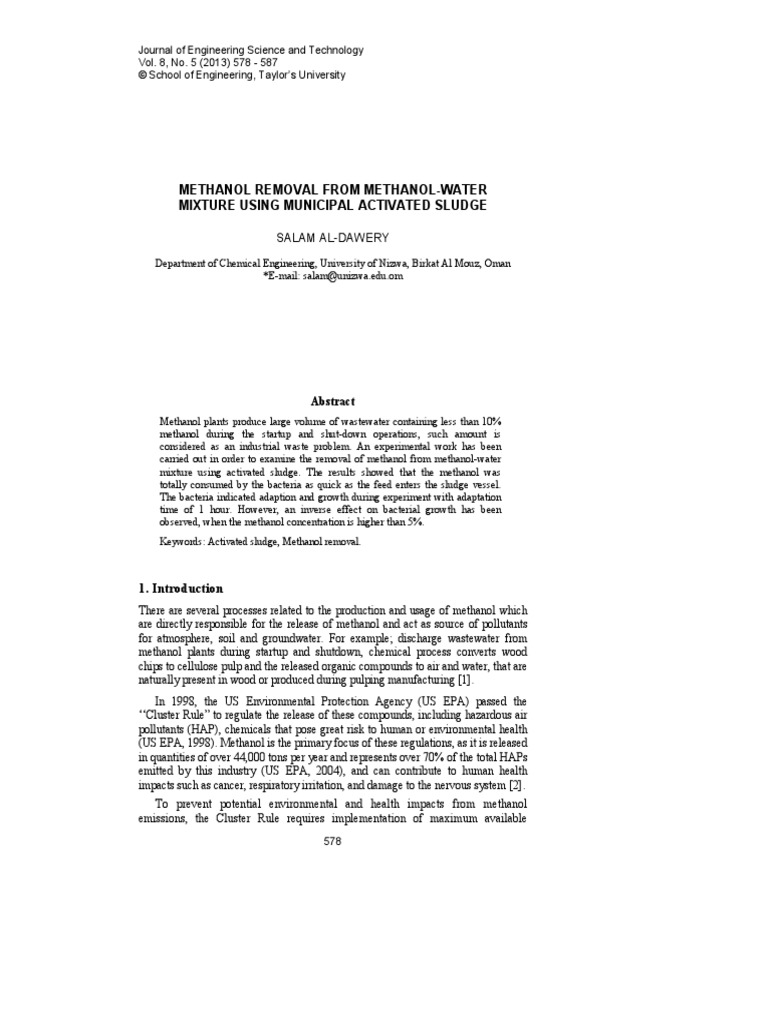 Methanol Removal From Methanol-Water Mixture Using Municipal Activated ...