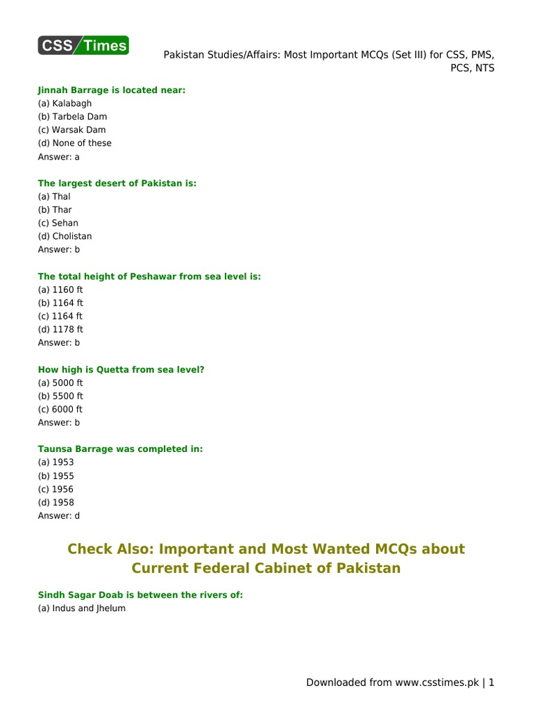 Pakistan Studies - Affairs - Most Important MCQs (Set III) For CSS, PMS ...