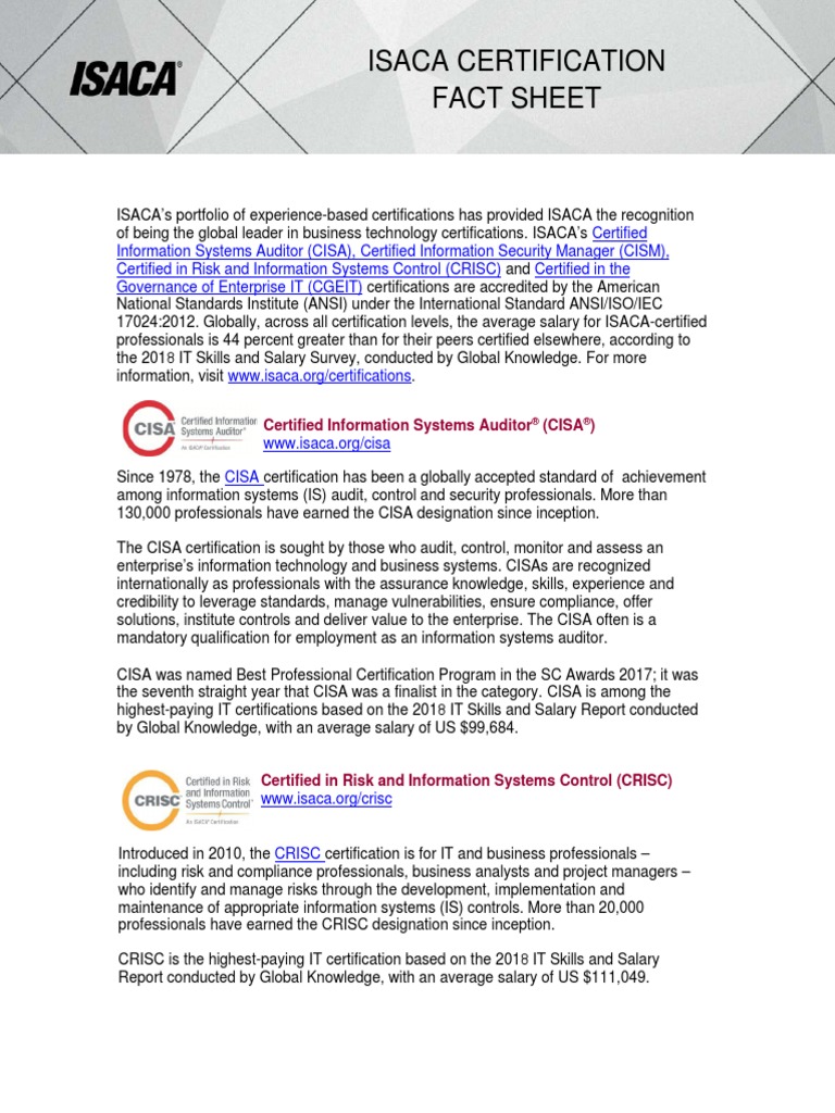 ISACA Fact Sheet | PDF | Professional Certification | Information Security
