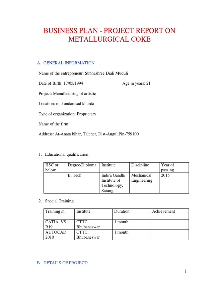 Business Plan - Project Report On Metallurgical Coke: A. General ...