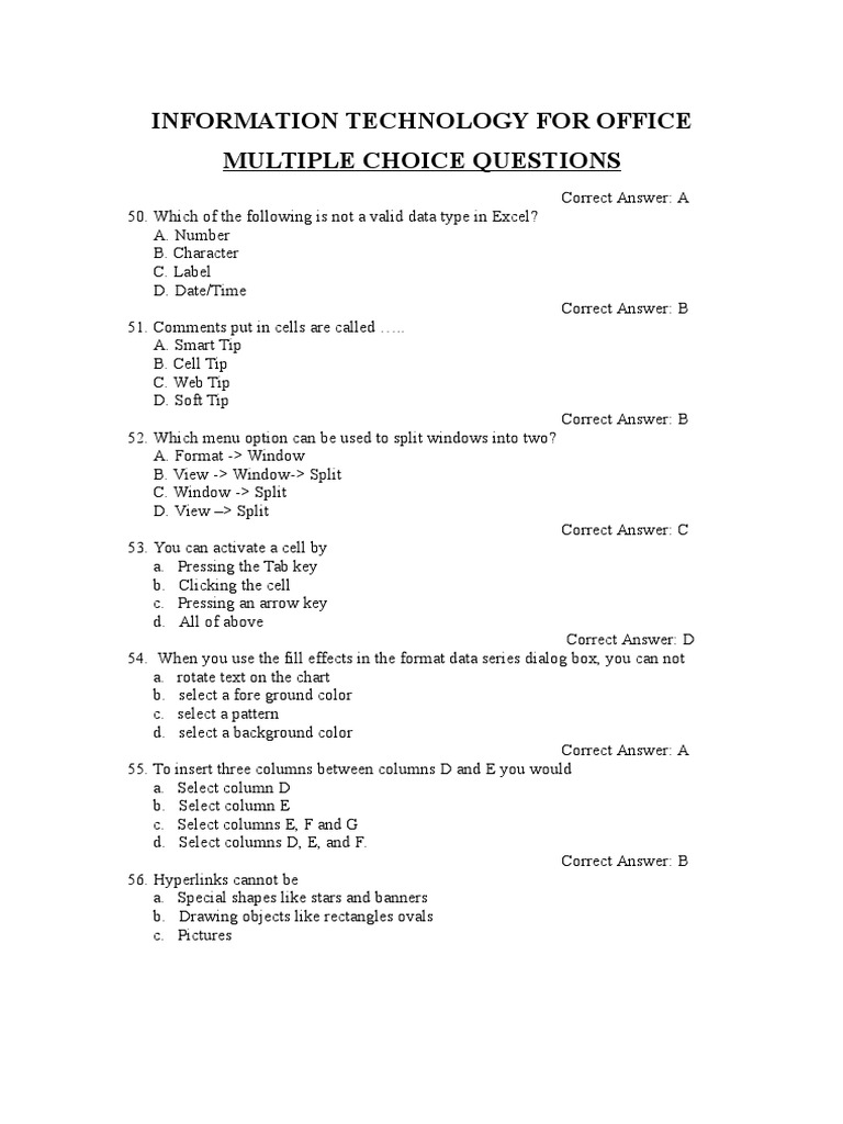 Excel Basics: Multiple Choice Quiz | PDF | Worksheet | Microsoft Excel