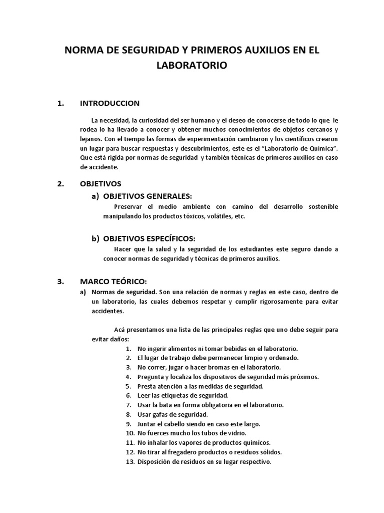 Norma de Seguridad y Primeros Auxilios en El Laboratorio | PDF | Oxígeno | Compuestos químicos