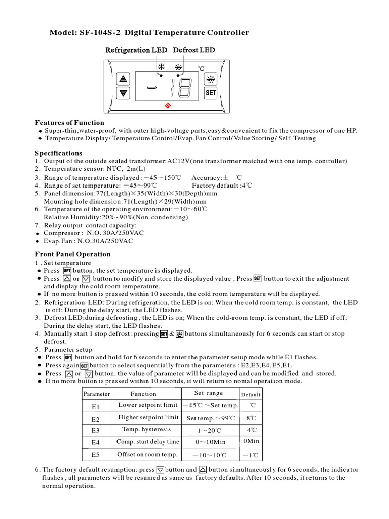 Model: SF-104S-2 Digital Temperature Controller: Features of Function ...