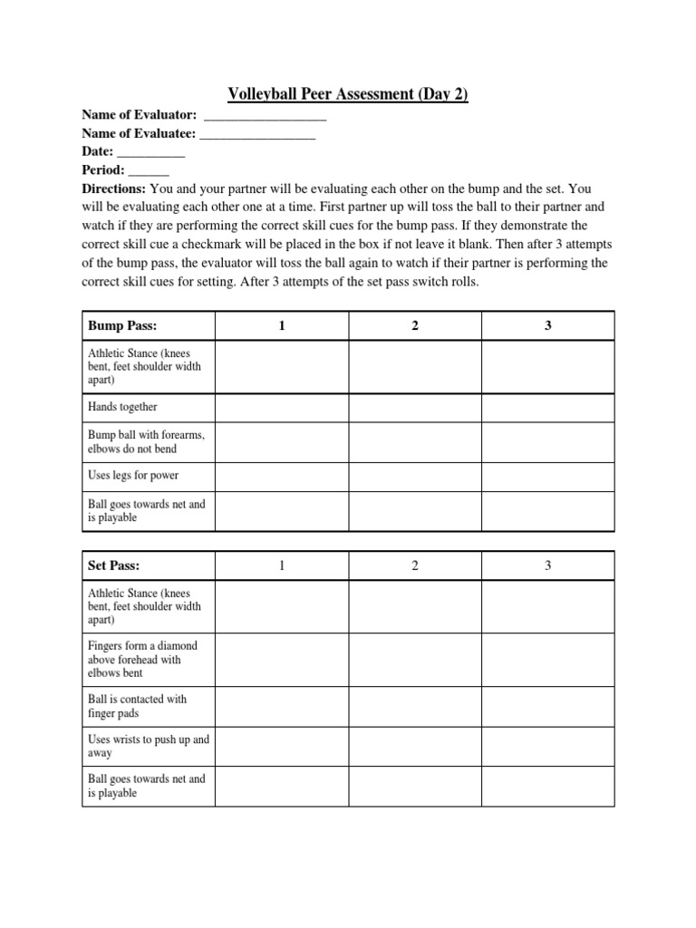 Volleyball Skills Peer Evaluation | PDF
