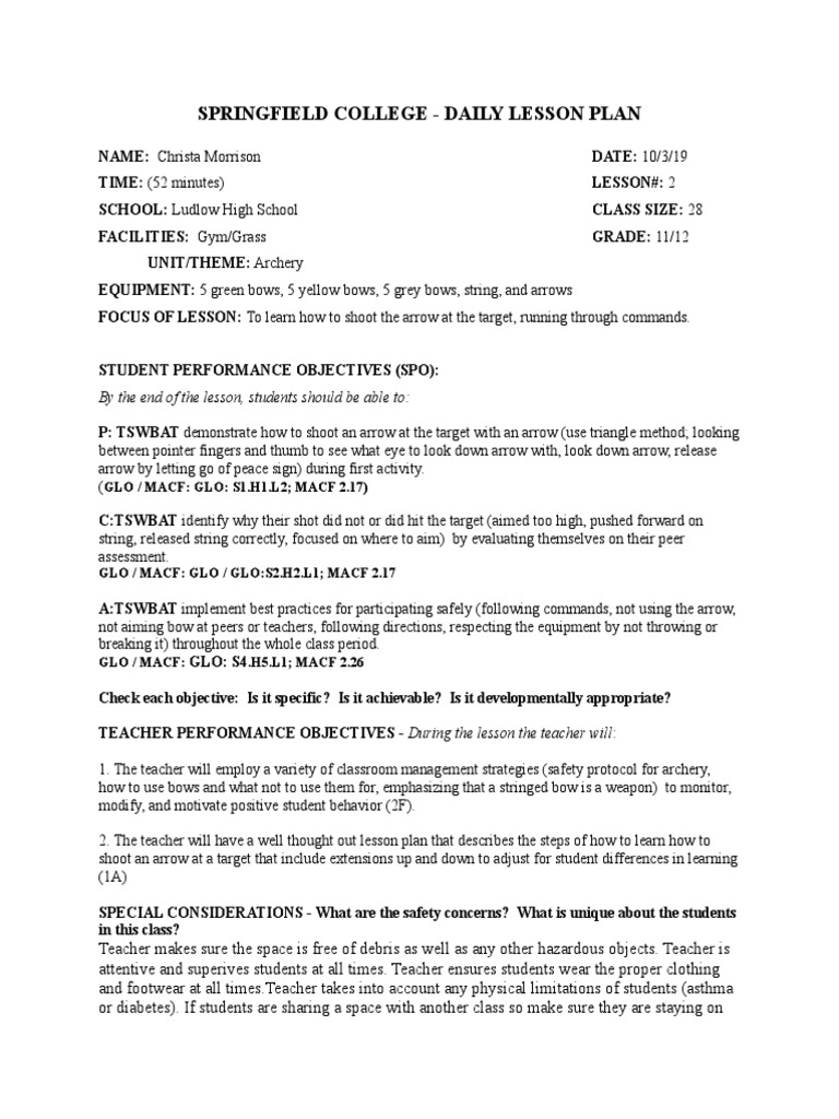Sample High School Lesson Plan | PDF | Archery | Bow And Arrow