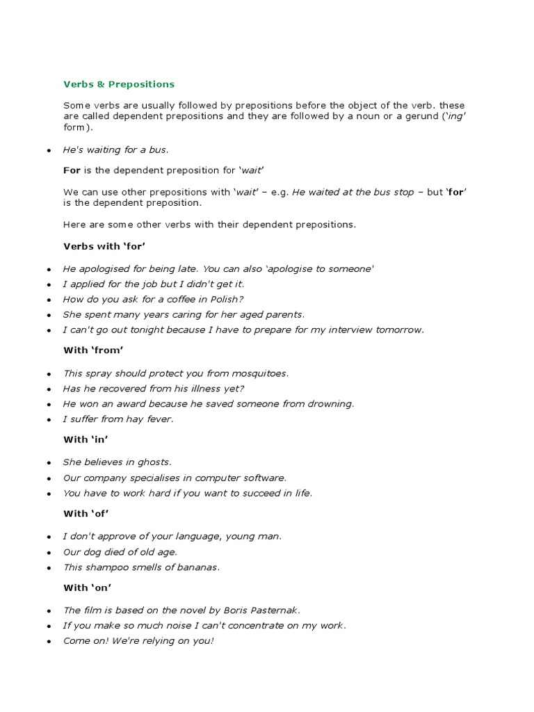 Verbs & Prepositions: For Is The Dependent Preposition For Wait' | PDF