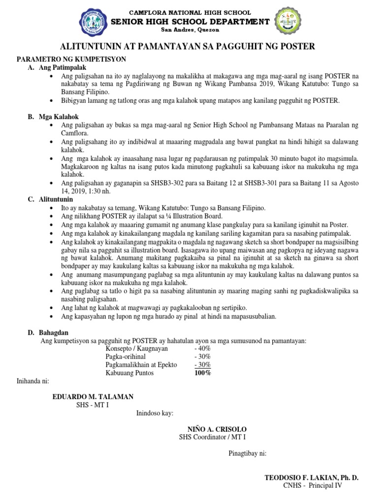 Alituntunin at Pamantayan Sa Pagguhit NG Poster: Senior High School ...