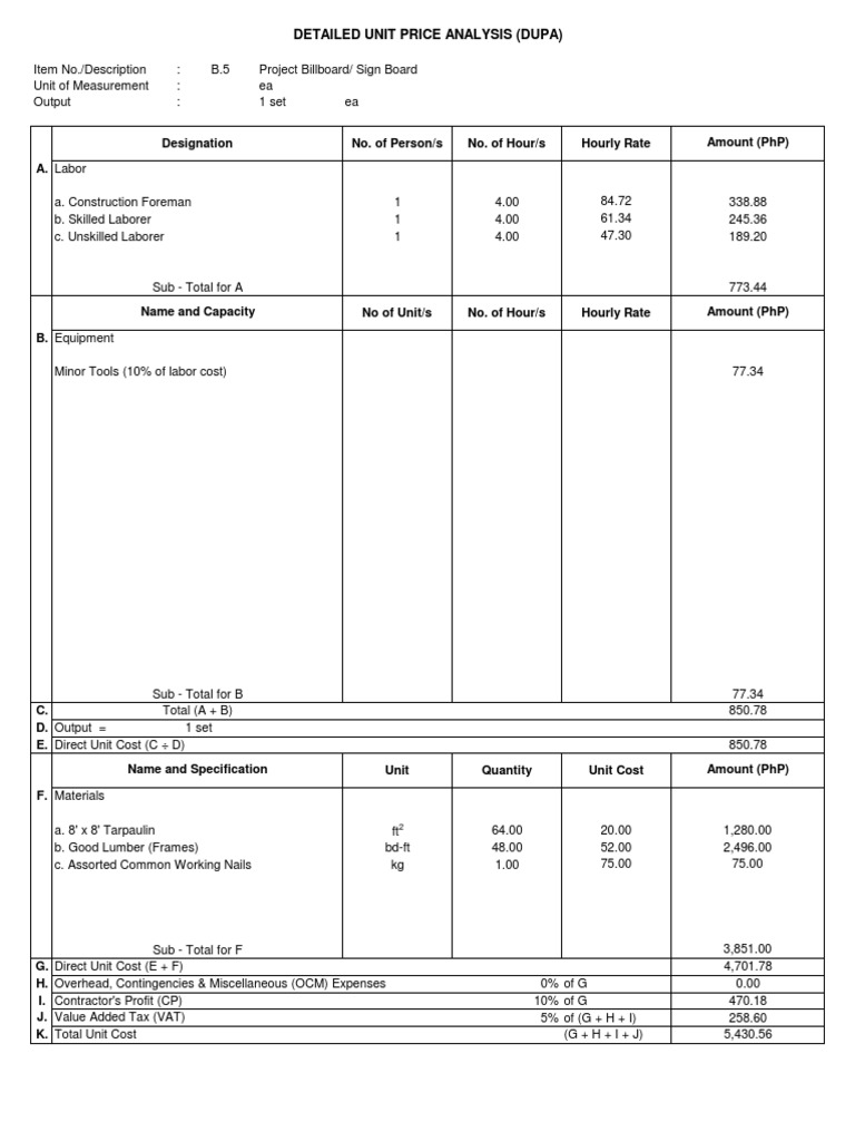 Detailed Unit Price Analysis (Dupa) | PDF | Value Added Tax | Cost