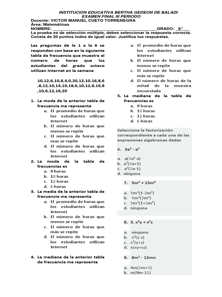 Examen Final de Matemáticas 8° Grado | PDF | Enseñanza de matemática