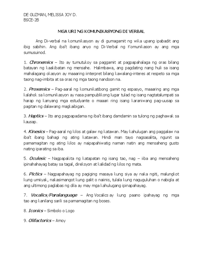 Mga Uri NG Komunikasyong Di Berbal | PDF