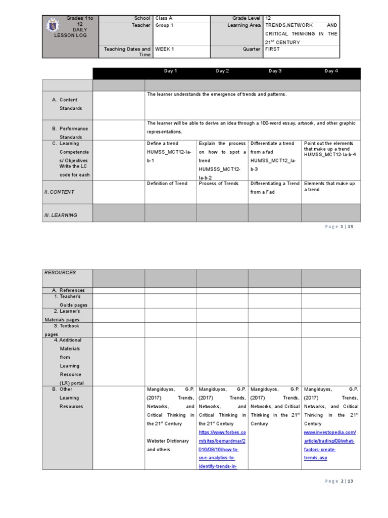 Grade 12 Lesson Plan: Trends & Critical Thinking | PDF | Essays ...