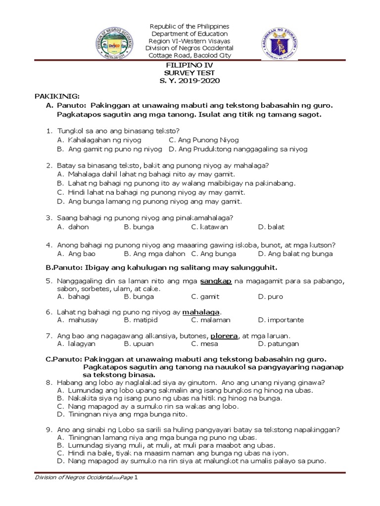 FILIPINO 4 Survey Test SY 2019 - 2020 | PDF