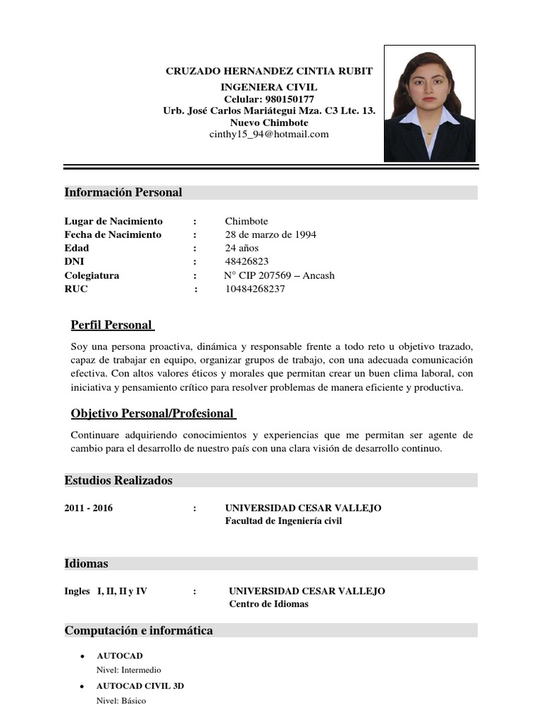Curriculum Vitae - Cintia Rubit Cruzado Hernandez Actualizado | PDF | Ingeniería | Science