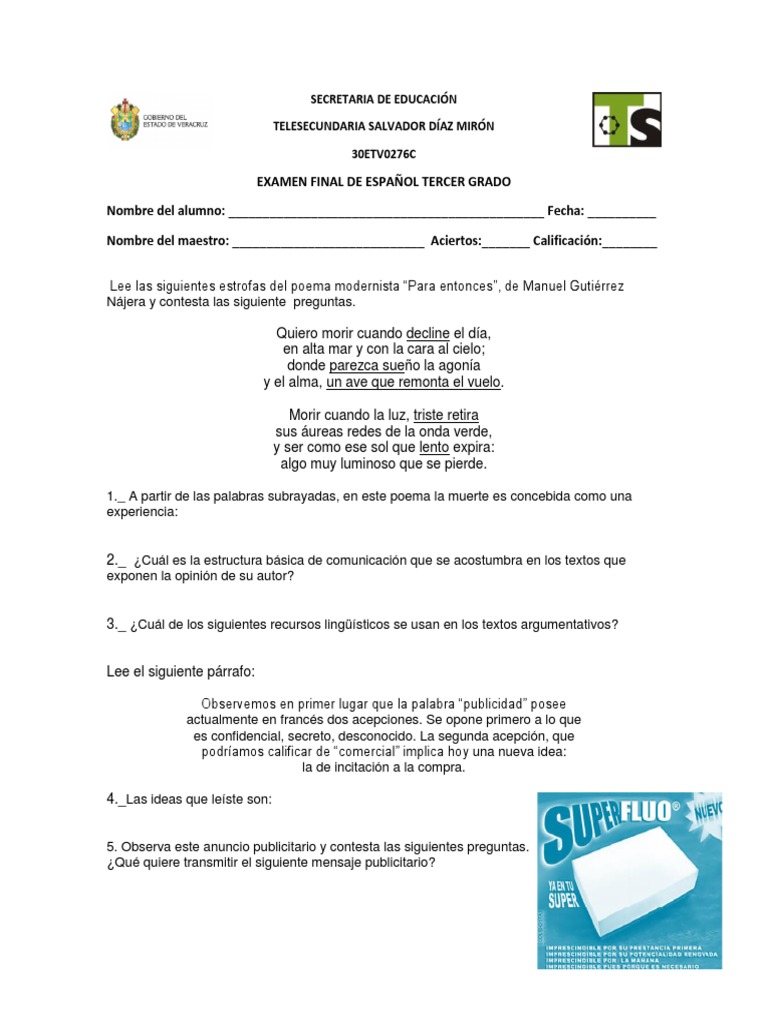 Examen Final de Español 3° | PDF