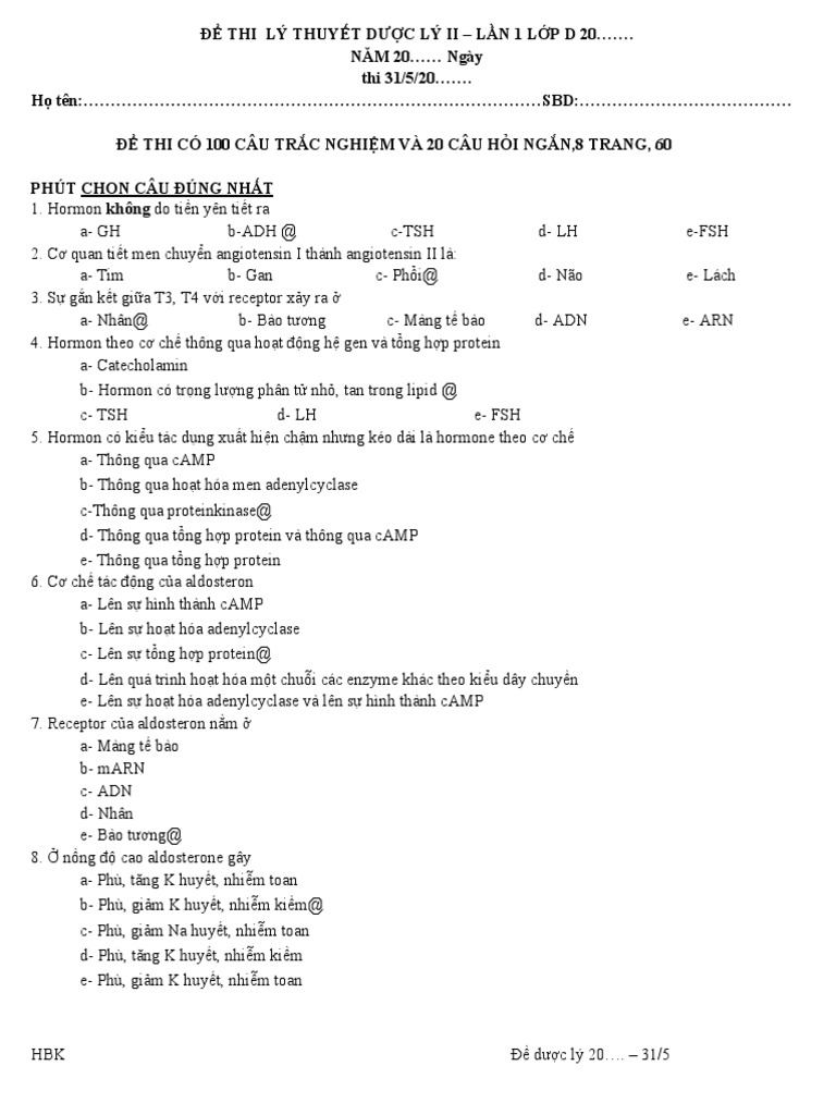 123doc Duoc Ly 2 Trac Nghiem 100 Cau Co Dap An | PDF