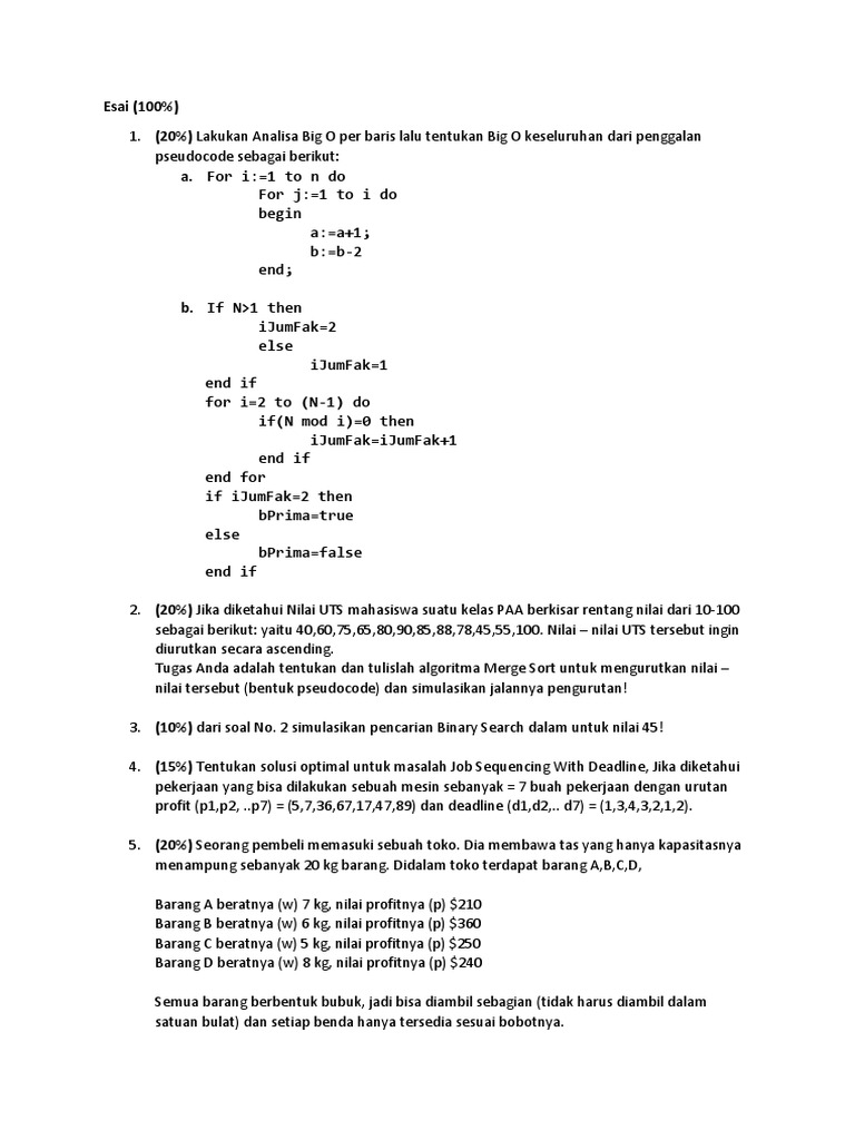 Algoritma Design and Analysis Contoh Soal UTS - BINUS UNIVERSITY | PDF
