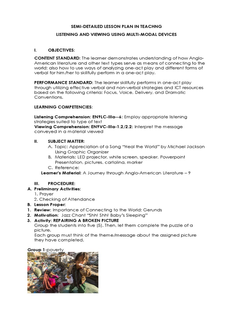 Lesson Plan in Teachng Listening and Viewing Grade 9 | PDF | Lesson ...