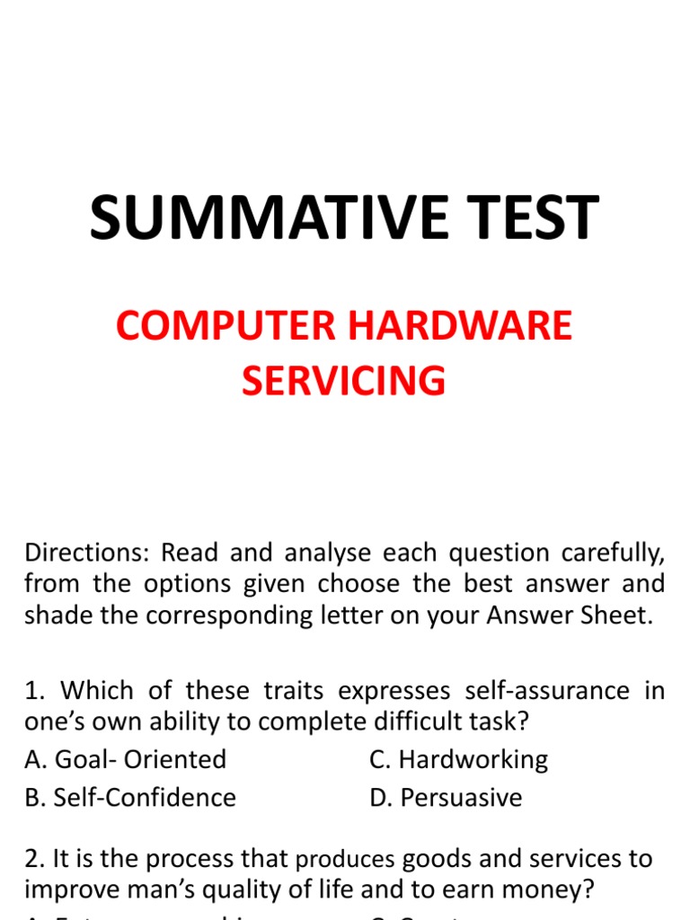 Summative Test: Computer Hardware Servicing | PDF | Manufactured Goods ...