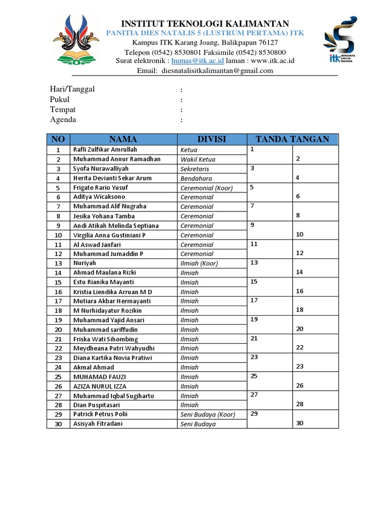 Absensi Panitia Dies Natalis ITK Ke-5 | PDF