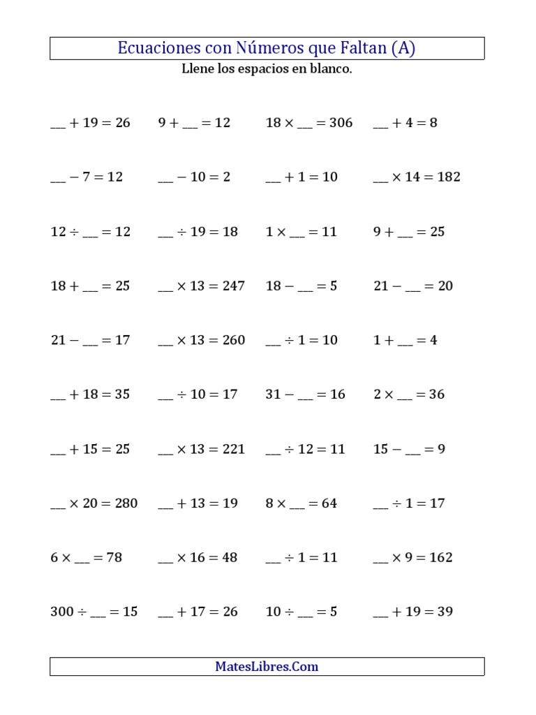 Ecuaciones Con Números Que Faltan (A) | PDF