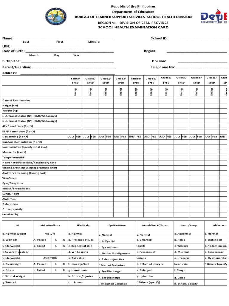 School Health Examination Card: Bureau of Learner Support Services ...