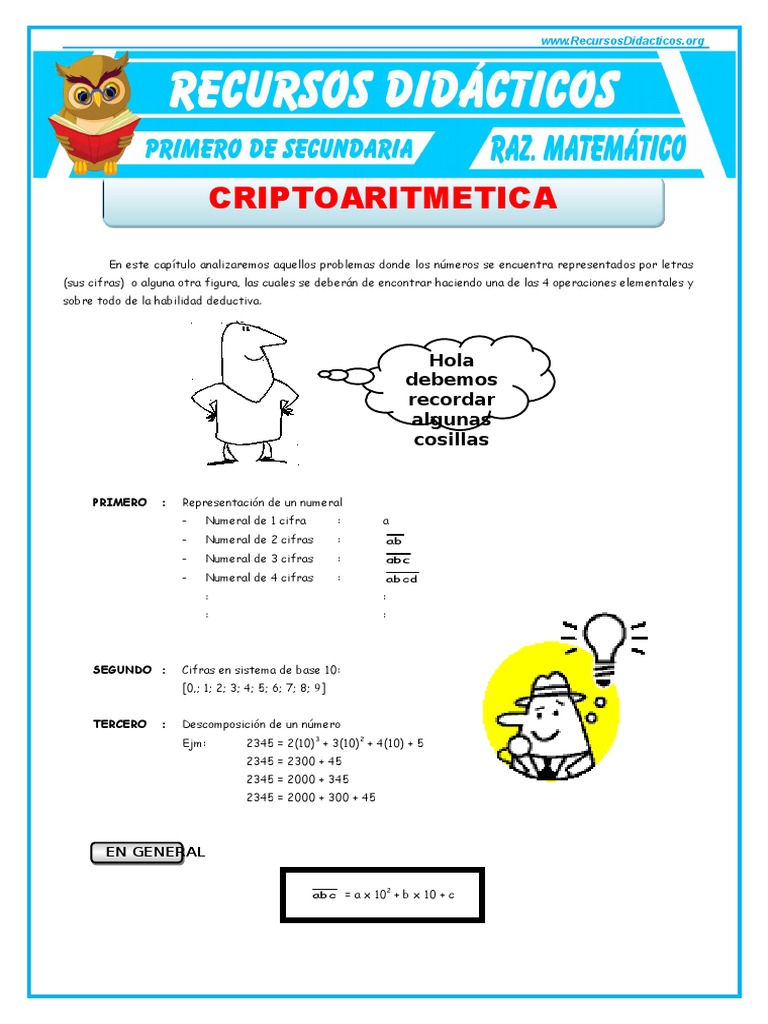 Criptoaritmética para Primero de Secundaria | PDF | División (Matemáticas) | Aritmética