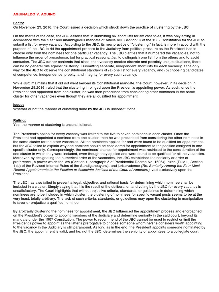 Aguinaldo v. Aquino: JBC Clustering Ruling | PDF | Presidents Of The ...