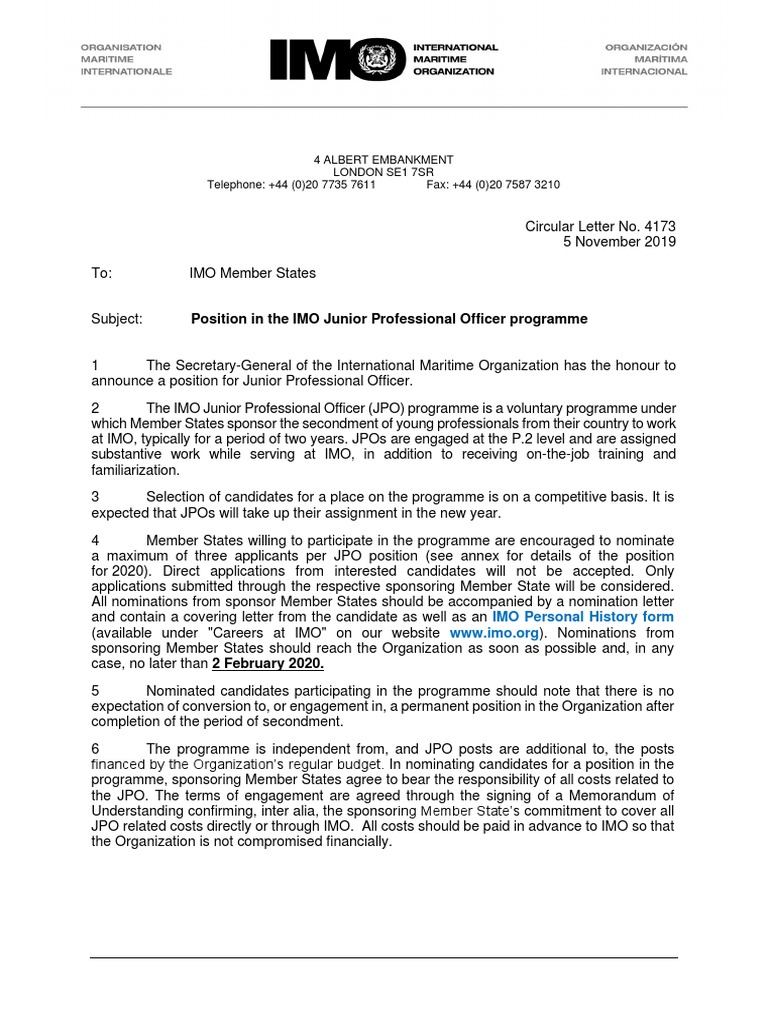 Circular Letter No.4173 - Position in The Imo Junior Professional ...