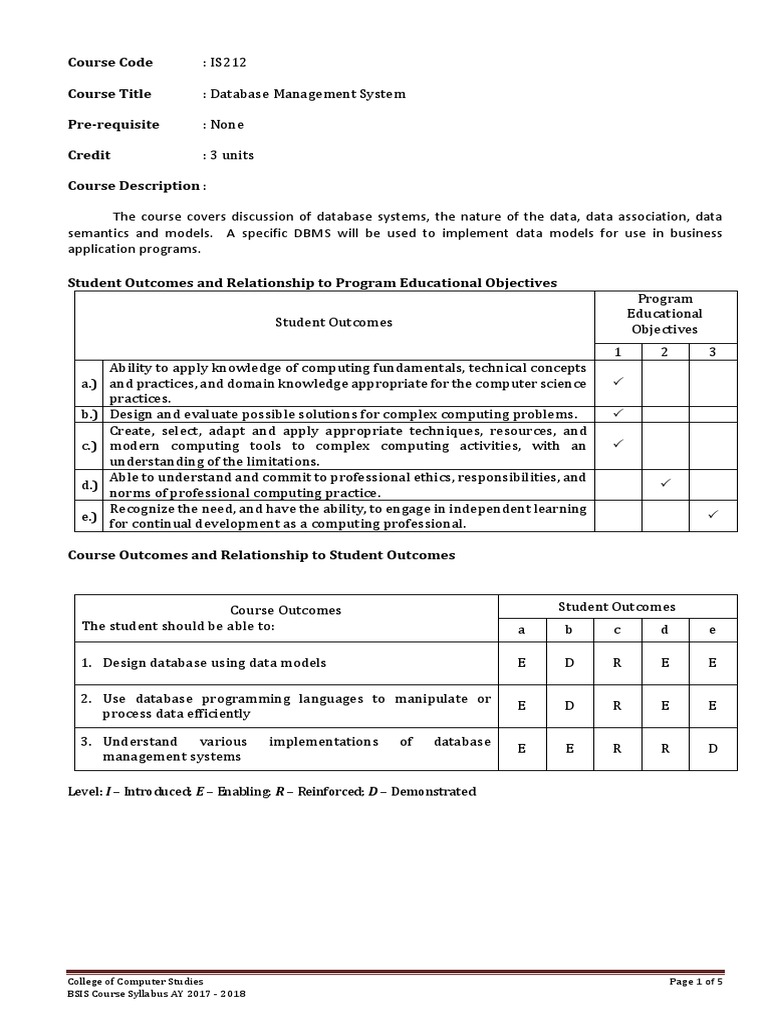 IS212 Database Management System | PDF | Data Model | Databases