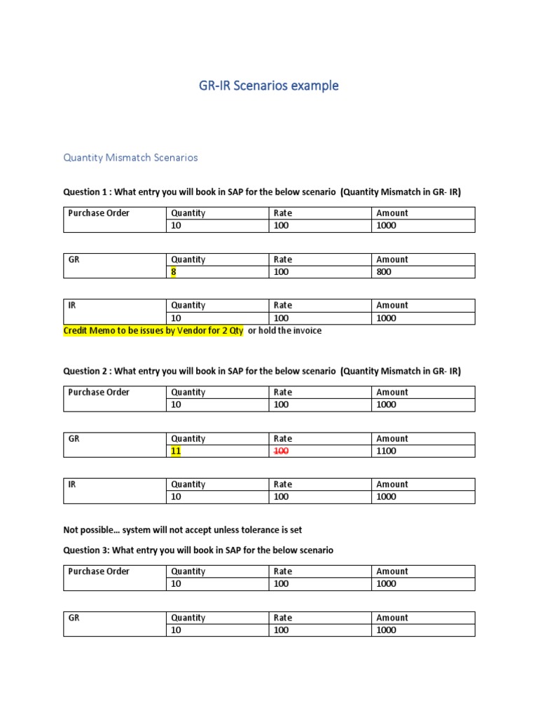 GR-IR Quantity and Rate Mismatch Examples | PDF | Business Documents ...
