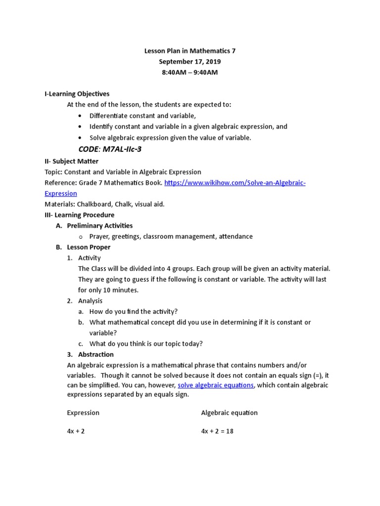 Code: M7Al-Iic-3: Lesson Plan in Mathematics 7 September 17, 2019 8 ...