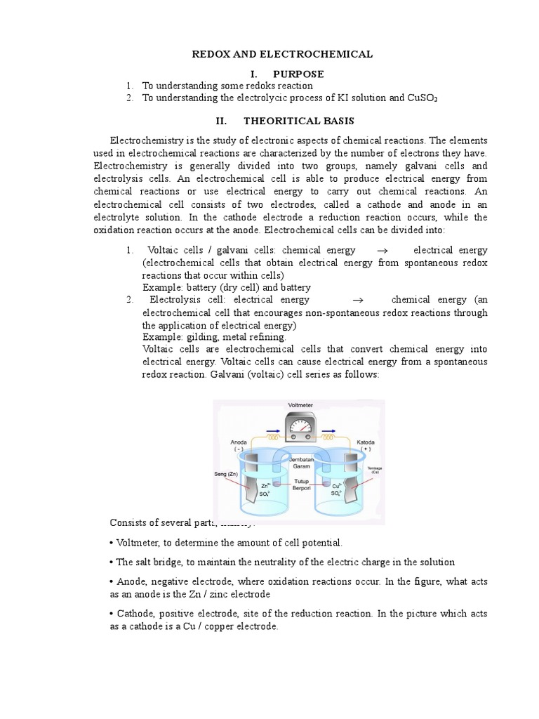 Redox and Electrochemical I. Purpose | PDF | Electrochemistry | Electrolyte