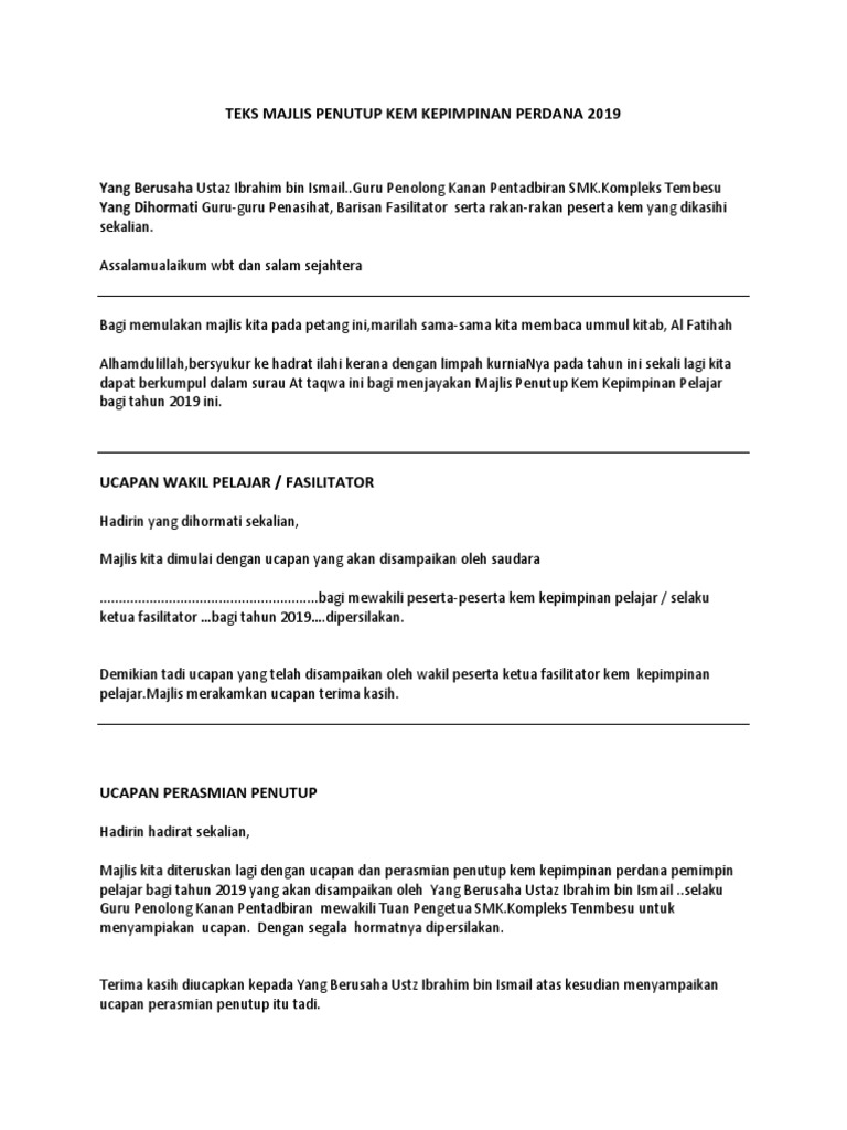 Teks Majlis Penutup Kem Kepimpinan Perdana 2019 | PDF