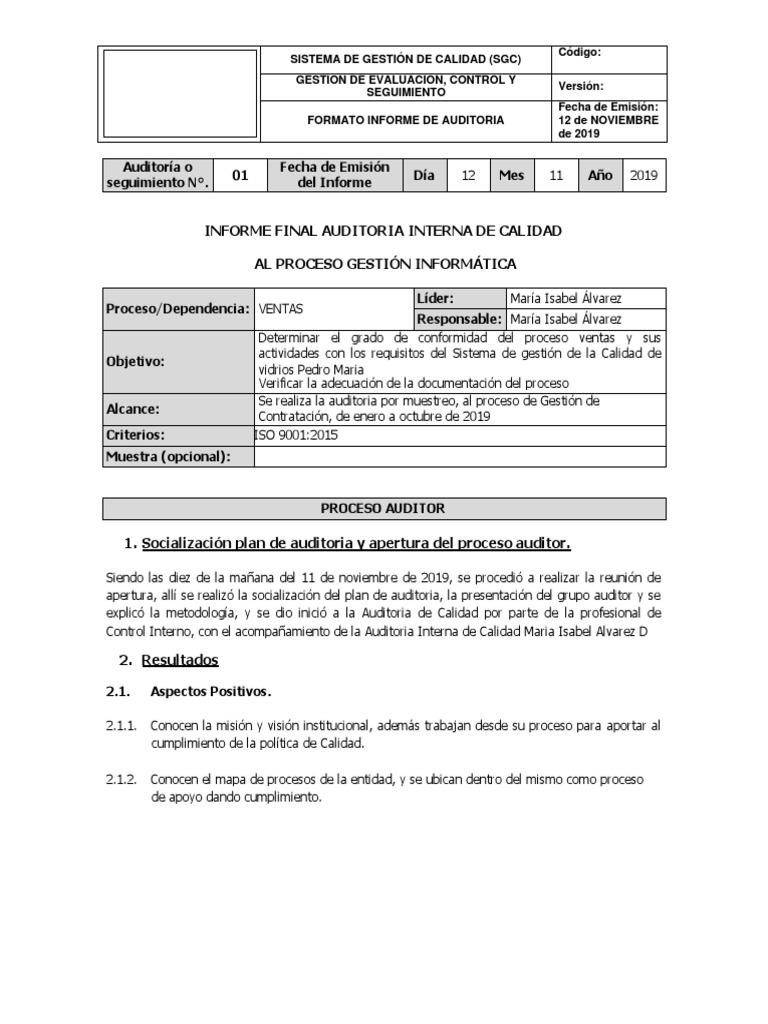 Informe Auditoria Interna de Calidad | PDF | Sistema de manejo de calidad | Auditoría