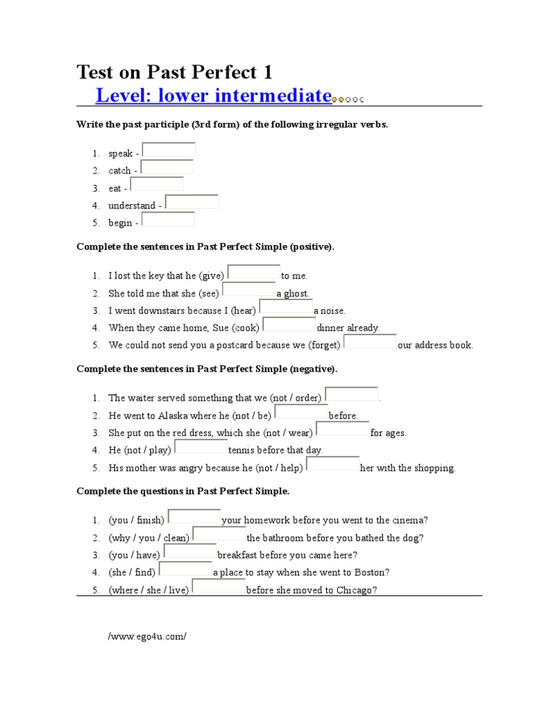 Test On Past Perfect 1 Level | PDF